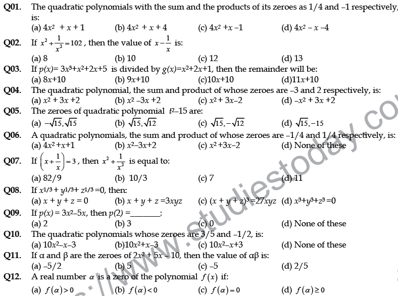 CBSE Class 10 Mathematics Polynomials MCQs, Multiple Choice Questions CBSE Class 10 Mathematics Polynomials MCQs, Multiple Choice Questions